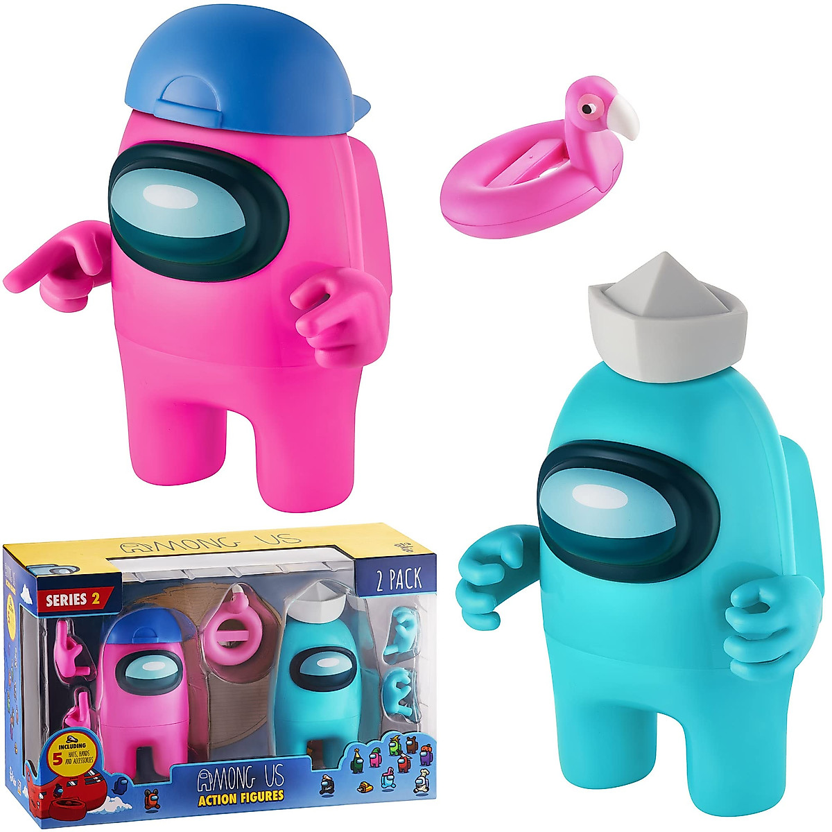 P.M.I. Among Us Action Figures | Two of Four 4.5-Inch-Tall Collectibles | Among Us Toys and Playable Mini Toys | Cyan Ghost and Pink Crewmate with 5 Accessories: Hats and Hands