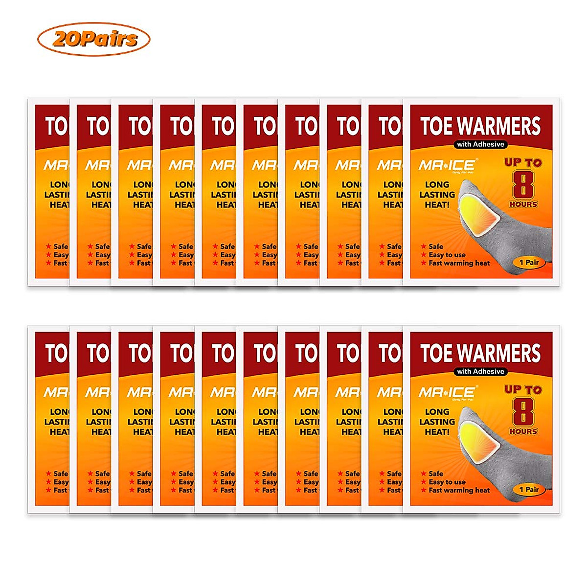 MR.ICE Toe Warmers Heating Pad with Adhesive Backing - Boot Heat Packs - Long Lasting Safe Natural Odorless Air Activated Warmers - Up to 8 Hours of Heat - 20 Pairs Value Packs