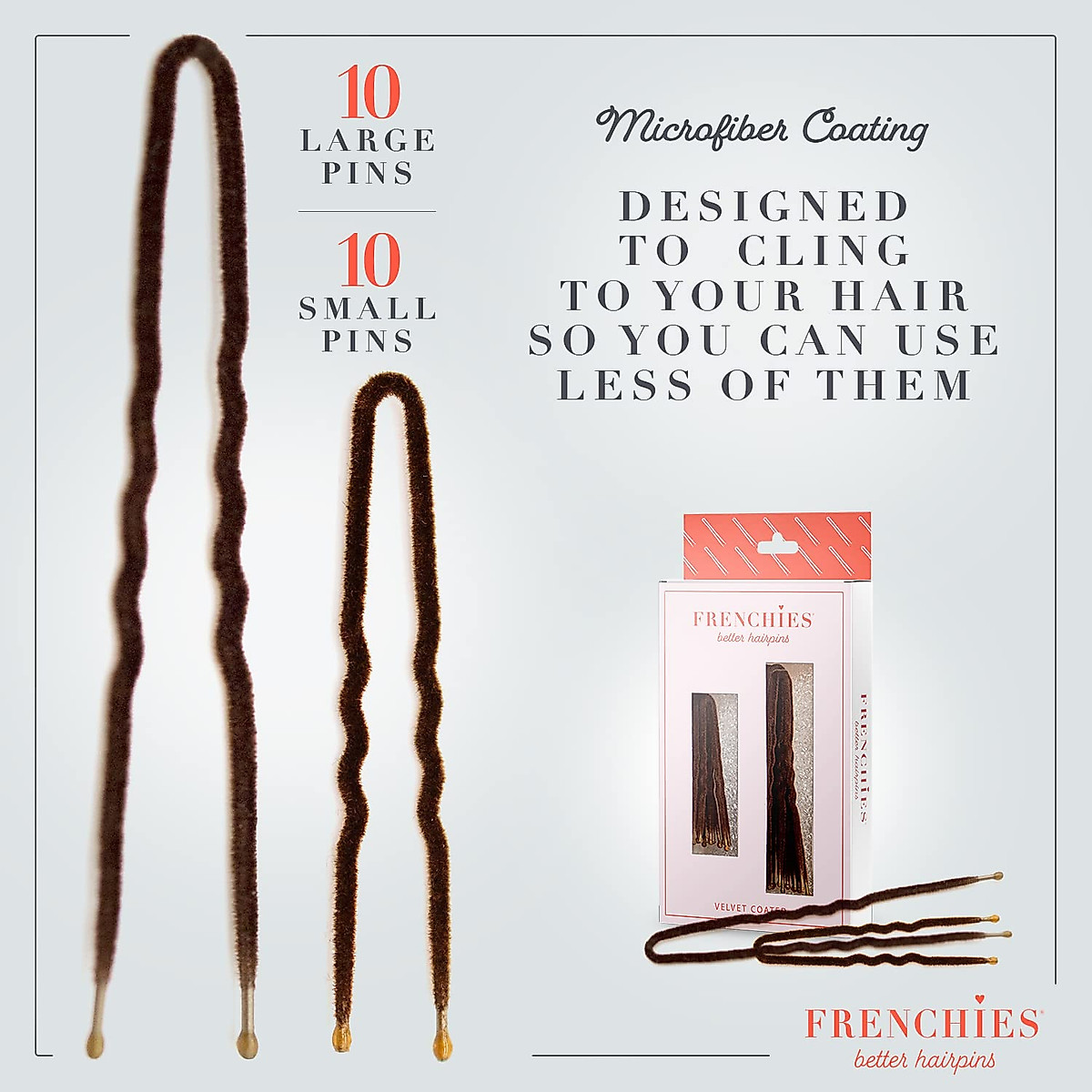 Frenchies French Twist Hair Pin, Ultra Flocked Extra Soft French Hair Pins for Women, Wedding, Updo Extensions, or Wig, 20 Count, Brown