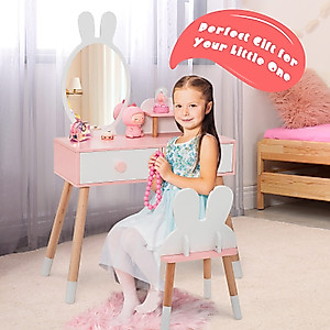 KOTEK Kids Vanity Set with Mirror, Wooden Princess Makeup Dressing Table with Stool, 2 Storage Drawers & Display Shelf, Girls Pretend Play Vanity for Toddler (White)