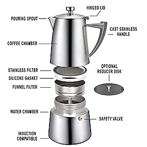 CUISINOX Roma Satin Stainless Steel Moka Pot Stovetop Espresso Maker, 4-Cup (6 oz)