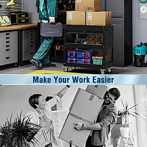 Tooremine 3 Tier Rolling Tool Cart, 330 lb Capacity Utility Cart, Metal Service Tool Cart with Drawer and Lock, Tool Storage Cart for Garage Warehouse Workshop Repair Shop (Black)