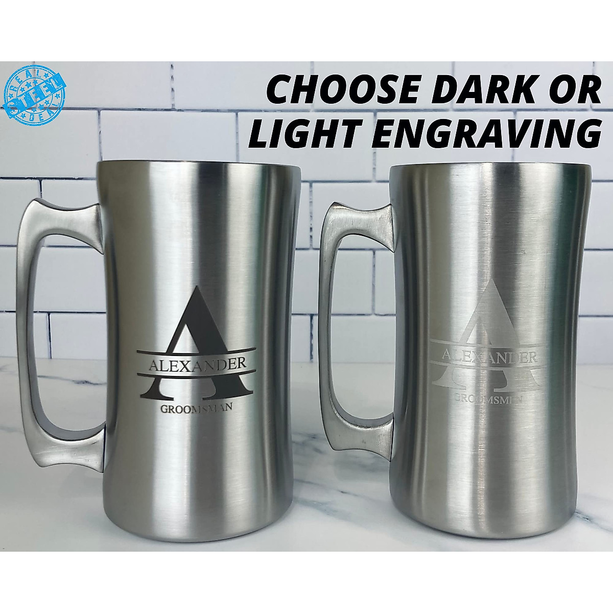 Personalized Beer Mug: Custom Engraved Stainless Steel Stein for Men, Groomsmen, Dad - Large 20 oz, Laser Engraved Beer Glass