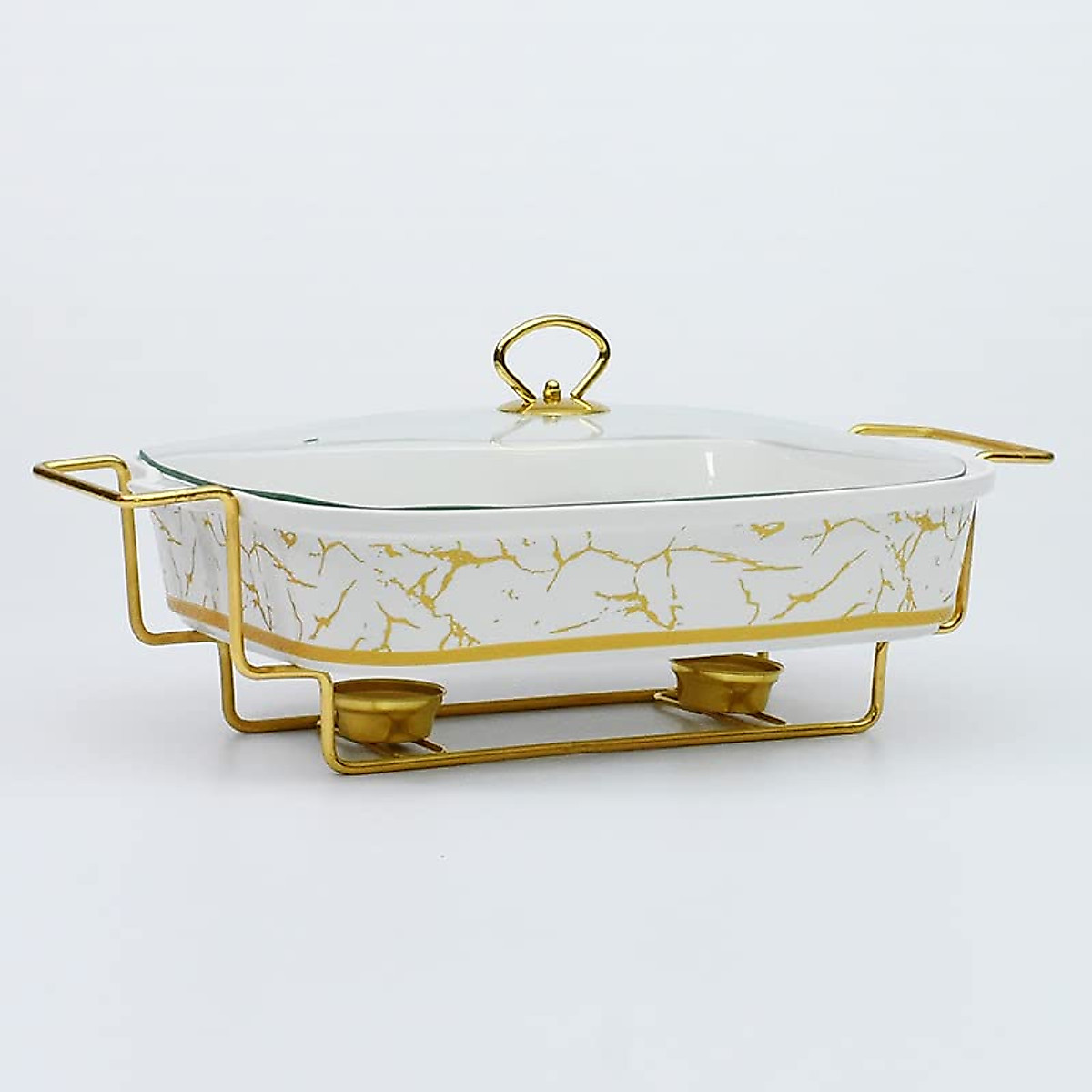 HONHPD 3PCS Rectangular Porcelain Casserole Warming Trays for Food, Ceramics Chafers, and Buffet Warmers Sets, Ceramics Chafing Dish Buffet Set, Gold Plating Serving Dishes(11inch.13inch.15inch）