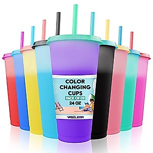 VASOLERIA Color Changing Cups with Lids and Straws 9pcs, 24Oz - Reusable Cups with Lids in 9 Multiple Colors - Perfect for Cold Coffee, Smoothie – Bonus 2 Cup Cleaning Brush & 2 Straw Cleaning Brushes