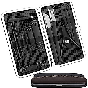 ONME Manicure Set, 15pcs Stainless Steel Nail Clipper Pedicure Professional Grooming Kit, Includes Cuticle Remover with Travel Case Beauty Care Tools Gift For Women Men (Black)