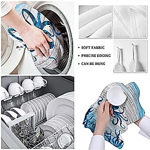 Meet 1998 Marine Wildlife Octopus Kitchen Towels, Hand Drying Towel, Soft Absorbent Multipurpose Cloth Tea Towels for Cooking Baking, Plant Coral Blue Washable Dish Towels Cloth 18x28 Inch