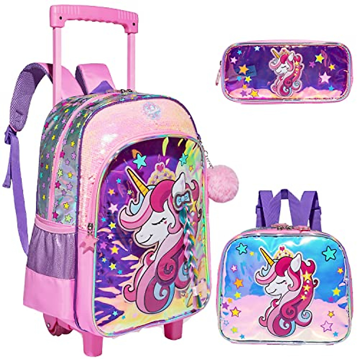 Egchescebo kids Rolling Kid Travel Toddler Duffle Bag Unicorn Backpack for Girls Carry on Luggage Roller Computer Suitcase with Pencil Case and Lunch Box Wheels Wheeled Braid Toy Backpacks Pink