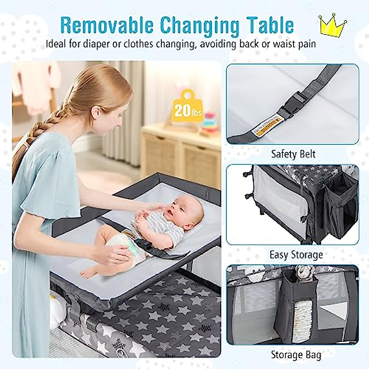 BABY JOY 4 in 1 Pack and Play, Portable Baby Playard with Bassinet, Adjustable Canopy, Changing Table, Lockable Wheels, Glowing Music Box, Travel Baby Crib Bassinet Bed from Newborn to Toddler