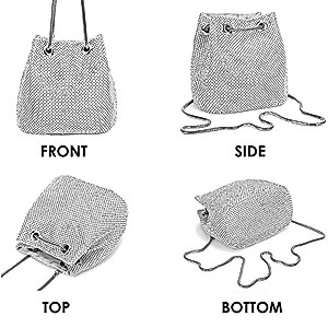 Linkidea Rhinestone Bucket Bag for Women, Evening Lady Purse, Party Prom Wedding Crossbody Shoulder Handbag (Silver)