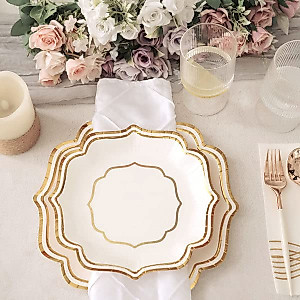 Tableclothsfactory 25 Pack | White/Gold 8" Scallop Rim Dessert Party Paper Plates, Disposable Appetizer Salad Plates - 300 GSM