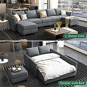 HONBAY Modular Sectional Sofa U Shaped Sectional Souch with Ottoman 7 Seat Modular Sofa with Chaise for Living Room, Bluish Grey