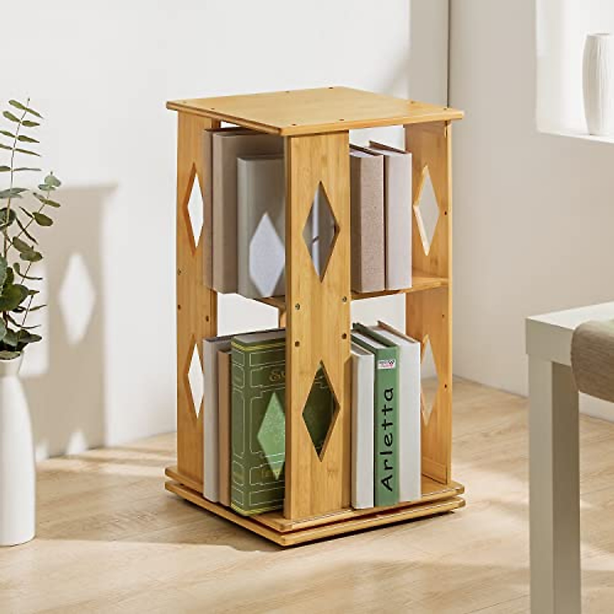 MoNiBloom Desktop Bookshelf 360 Degree Rotating 2 Tier Bookcase Bamboo Storage Organizer Shelves for Dormitory Living Room Children's Student, Natural