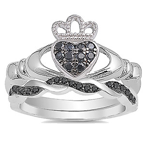 CZ Bridal Wedding Engagement Ring Set Simulated Black Diamond Sterling Silver (9)