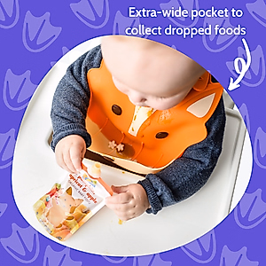 Silly Goose Set of 2 Silicone Animal Baby Bibs for Babies and Toddlers, Waterproof, Adjustable, Soft, Extra Wide Food Catcher Pocket (2PK Penguin+Fox)