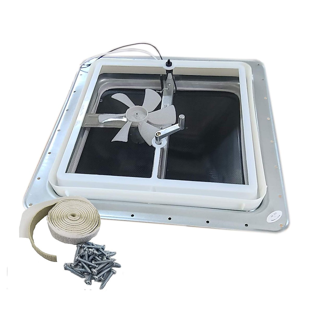Class A Customs 14" RV Roof Vent 12 Volt Powered Fan with SMOKE Wedge Style Lid - NO GARNISH - Putty and Screws | 74112A-NGR-PS