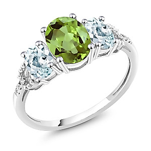 Gem Stone King 10K White Gold Oval Green Peridot Sky Blue Aquamarine & Diamond Accent 3 Stone Engagement Ring | 2.24 Cttw | 3 Stone Wedding Anniversary Promise Ring For Women (Size 7)