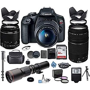 Canon EOS Rebel 2000D DSLR Camera with 18-55mm is II Lens Bundle + Canon EF 75-300mm f/4-5.6 III Lens and 500mm Preset Lens + 32GB Memory + Filters + Monopod + Professional Bundle +TOP KNOTCH Cloth