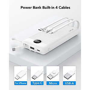 VRURC Portable Charger 10000mAh, Slim LED Display Power Bank, 5 Output 2 Input Cell Phone Battery Pack, Built-in Micro & USB C Cables Phone Charger Compatible with iPhone,Samsung,Android-White(1 Pack)