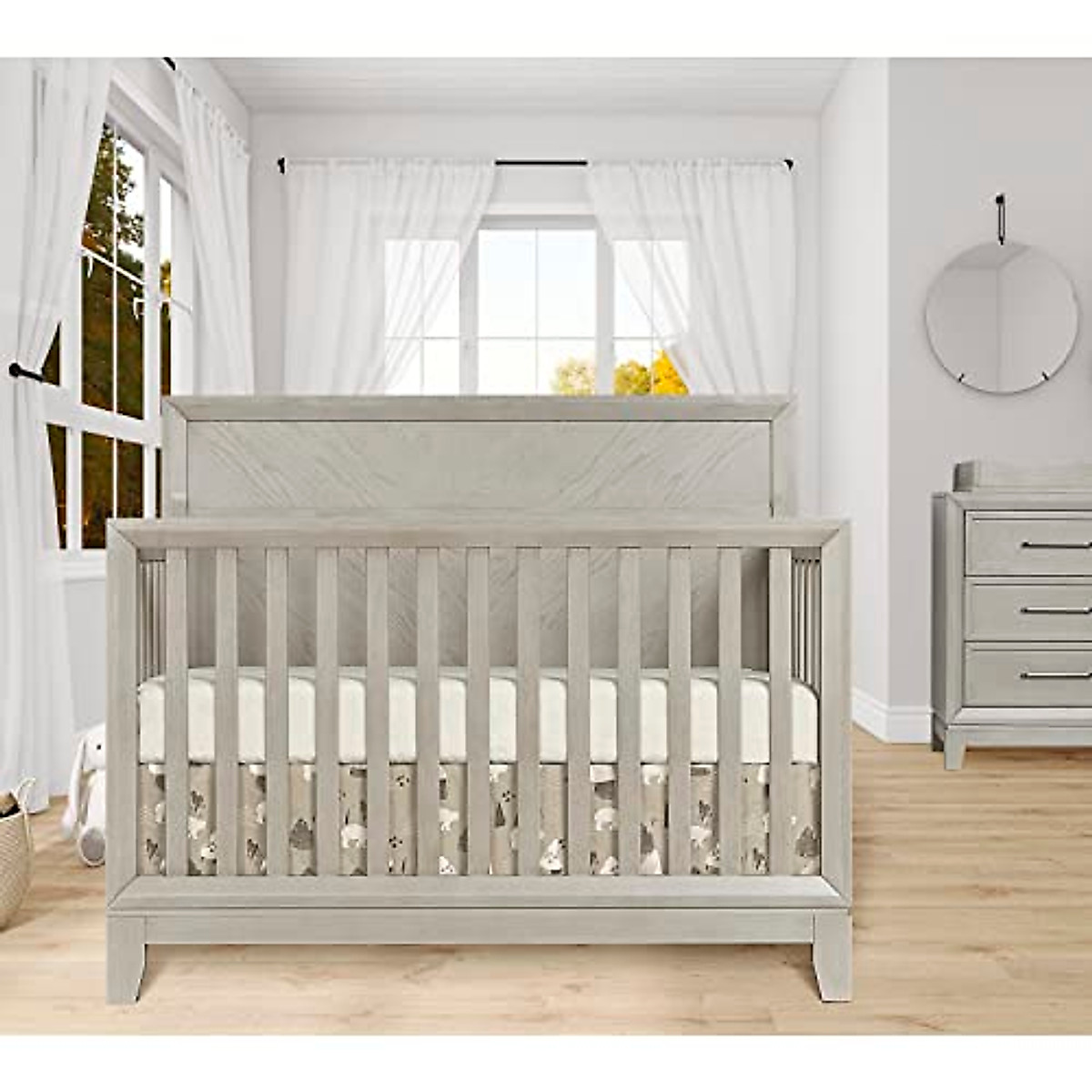 Evolur Lourdes 5-in-1 Convertible Crib in Porcini, Greenguard Gold and JPMA Certified, Easy to Clean, Maintain and Assemble, Made of Hardwood, Wooden Nursery Furniture