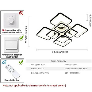 Siittoo Modern Ceiling Light Fixture, Dimmable LED Flush Mount Ceiling Chandelier Lighting with Remote, 8-Rectangle Acrylic Ceiling Lamp Fixture for Living Dining Room Bedroom (96W,Black,White)
