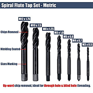 Yakamoz 7 Pcs Nitriding Coated Spiral Flute Tap Set Metric Thread Taps M3 M4 M5 M6 M8 M10 M12 Machine Screw Tap and Drill Tapping Threading Tool