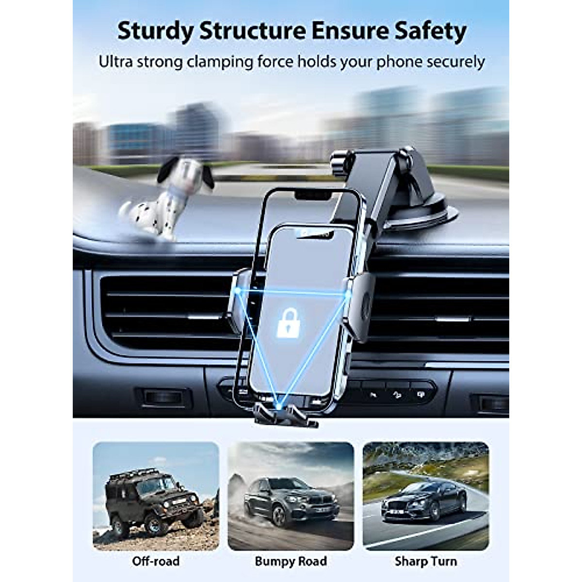 VICSEED Phone Mount for Car [𝗦𝘁𝗿𝗼𝗻𝗴 𝗦𝘂𝗰𝘁𝗶𝗼𝗻][𝗟𝗼𝗻𝗴 𝗔𝗿𝗺] Super Stable Car Phone Holder Mount for All Phones with Thick Cases 3 in 1 Universal Cell Phone Holder Mount