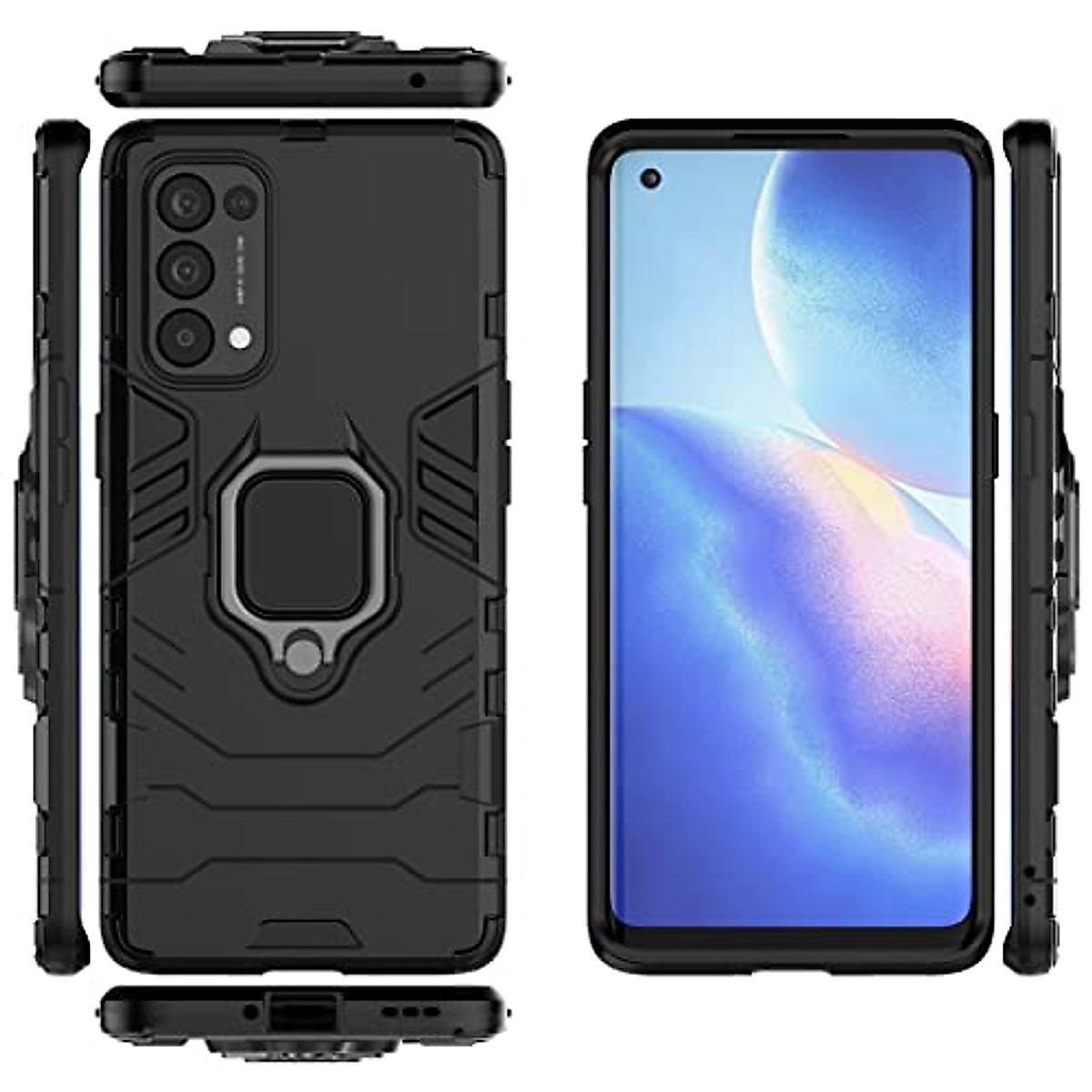 Compatible with Oppo Reno 5 Pro 5G Case, Metal Ring Grip Kickstand Shockproof Hard Bumper (Works with Magnetic Car Mount) Dual Layer Rugged Cover (Black)
