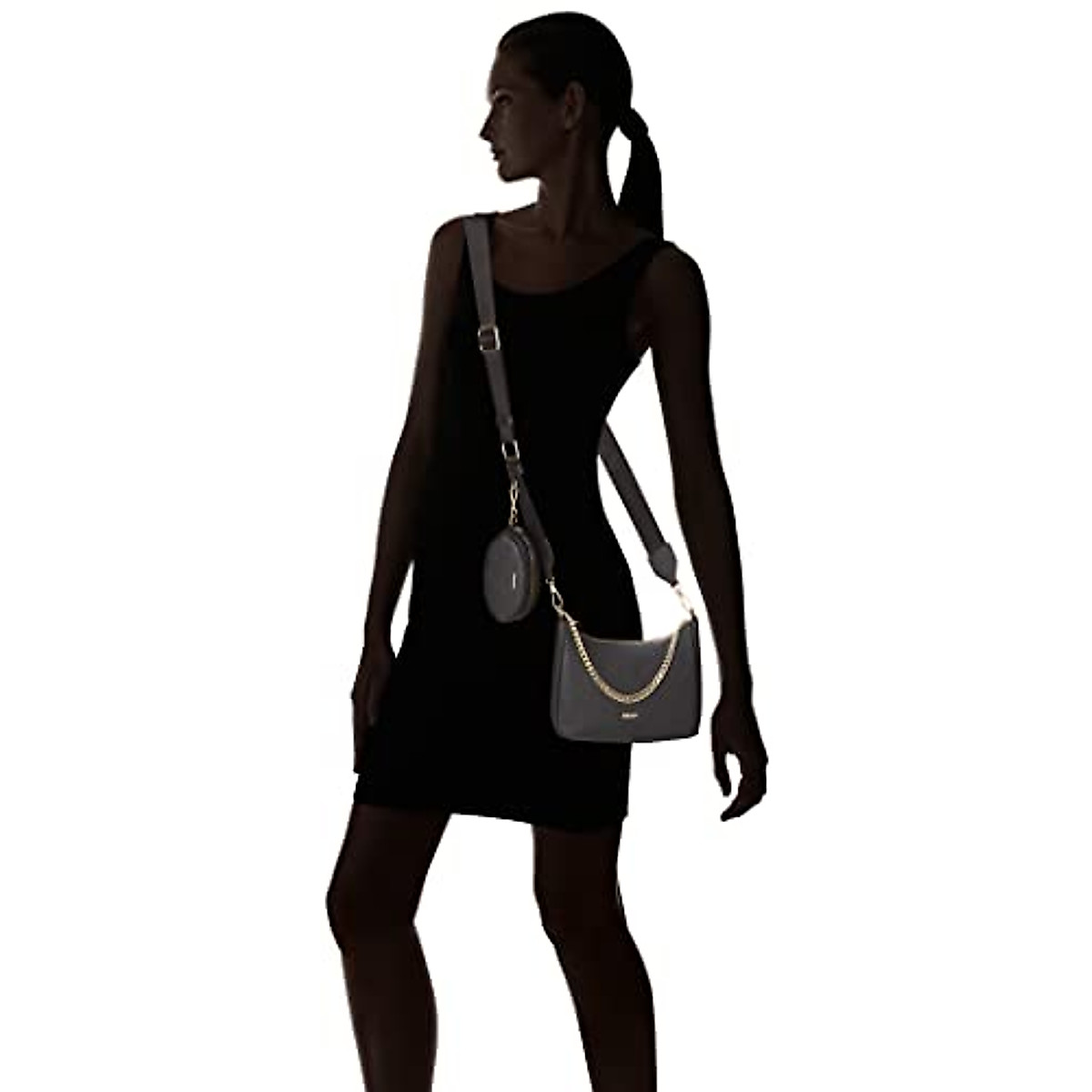 DKNY Women's Casual Caelynn Pouchette Handbags Crossbody, Black/Gold, Medium US