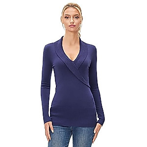 AmélieBoutik Women Shawl Collar V Neck Faux Wrap Long Sleeve Tunic Sweater (Blue Large)