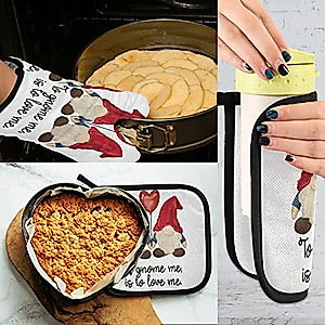 Valentine Quote Gnomes Oven Mitts Pot Holder Sets 2pcs Red Love Heart Non-Slip Kitchen Heat Resistant Hot Pads for Women Cooking Gloves Baking Wear BBQ