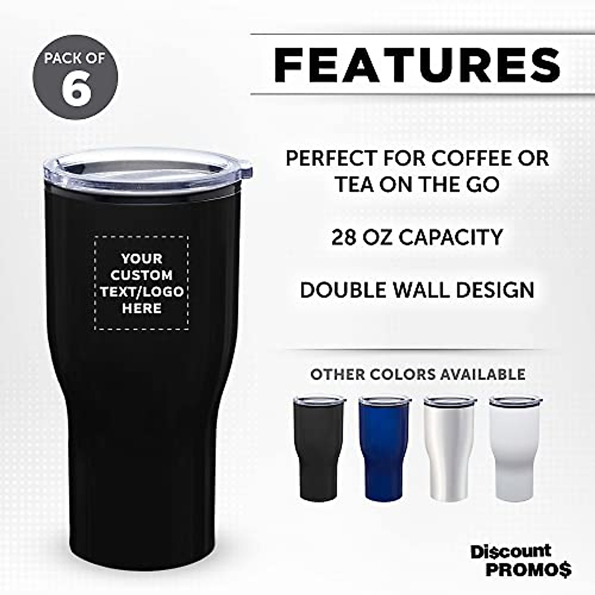 Custom Stainless Steel Travel Mugs by Challenger 28 oz. Set of 6, Personalized Bulk Pack - Perfect for Coffee, Soda, Other Hot & Cold Beverages - Black