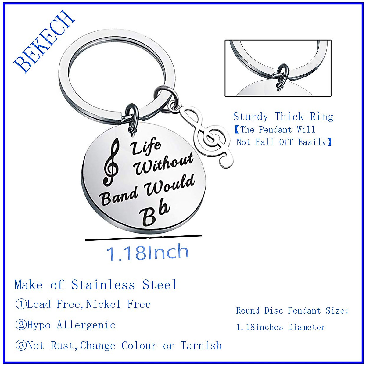 BEKECH Music Gifts Life Without Band Would B Flat Keychain with Musical Note Charm Treble Clef Jewelry Gift for Musician Music Teacher Music Lover (silver)
