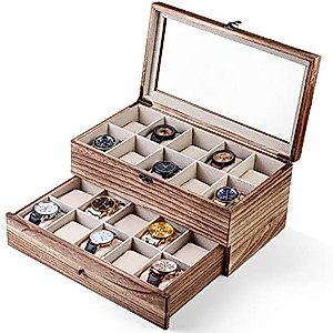 Meangood Watch Box Organizer for Men Women, Large 2 Tier Solid Wood Display Case with Glass Top for 20 Watches, Vintage Style Watch Holder Torched Wood