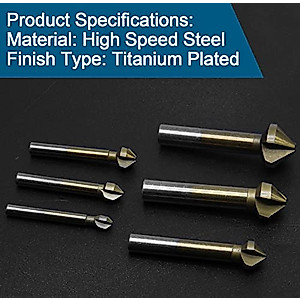 Aracombie 6 Pack 3 Flute 90 Degree Countersink Drill Bit Set, Titanium HSS Chamfering Tool Set Metric End Mill Cutter Bits, Deburring Chamfering Bit for Metal, Wood, Aluminum, Stainless Steel