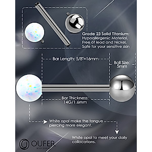 OUFER Titanium Tongue Rings, White Opal Tongue Ring, Internally Threaded Tongue Piercing Jewelry, Straight Tongue Jewelry for Women Men