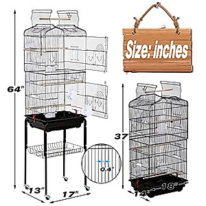 HCY Bird Cage Parakeet 64 inch Open Top Standing Parrot Accessories with Rolling Stand for Medium Small Cockatiel Canary Conure Finches Budgie Lovebirds Pet Storage Shelf, Black, 64x13x17 (Pack of 1)