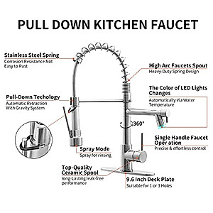 KZH Kitchen Faucet with Pull Down Sprayer Commercial Single Handle Stainless Steel Two Spout Kitchen Sink Faucet with LED Light,Deck Plate,Brushed Nickel