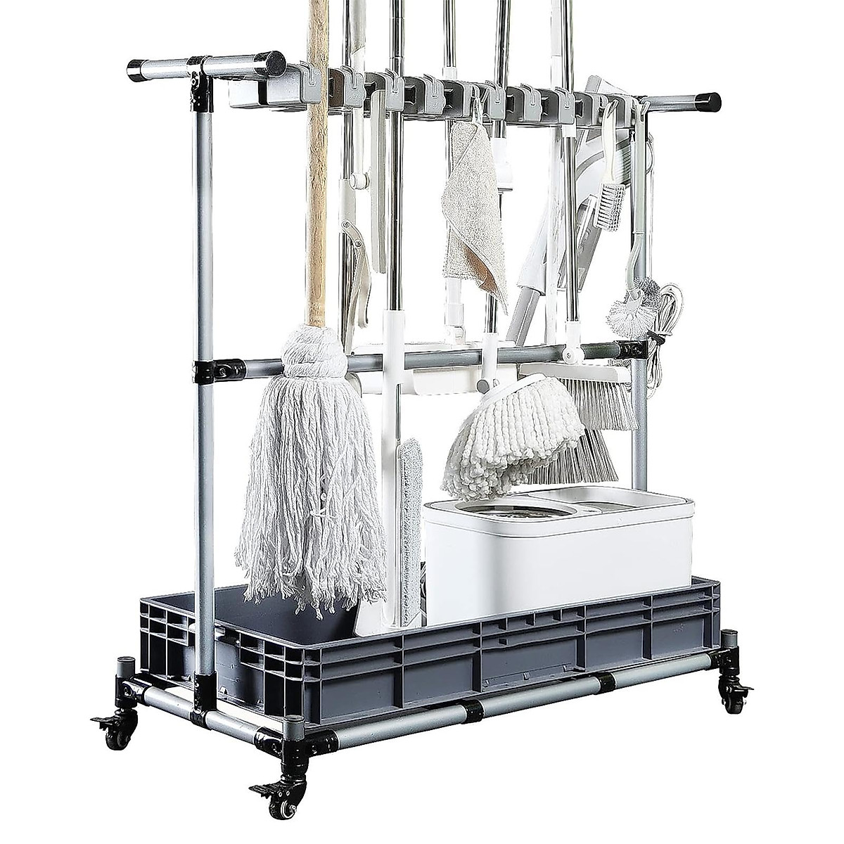 Broom and Mop Organizer Wall Hanging, Movable Commercial Multifunctional Cleaning Cart and Tool Organizer Drain Rack, 41.34x19.69x5.12 Inches Cleaning Cart Put Wet Mops for Garden Garage Organizer