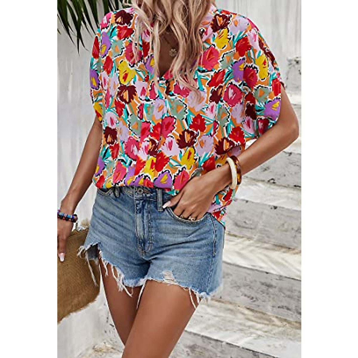 CCTOO Women's Blouses V Neck Short Sleeve Curved Hem Solid Chiffon Dressy Blouse Casual Shirts Tops 159 Color Floral Large