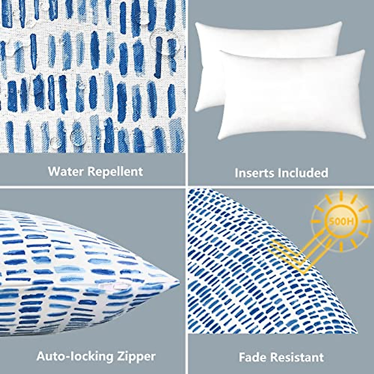 LVTXIII Set of 2 Patio Lumbar Pillows, 12”x20” Fade Resistant Outdoor Lumbar Pillow with Inners, Fluffy Decorative Garden Lumbar Cushions for Home Patio Coach Sofa Use, Pebble Blue