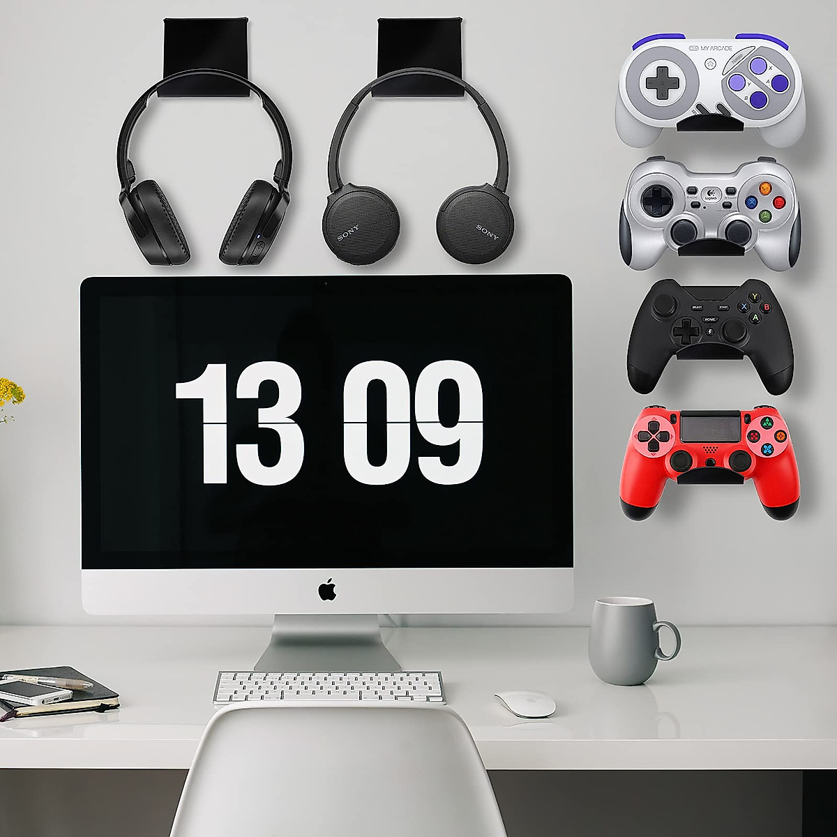 MWOOT Game Controller Holder Wall Mount (2 Pack) for Xbox One/ PS4/ PS5/ Switch/Steam/PC, Gamepad Headphone Stand Holder, Screw-Free, Stick on, Universal Controller Accessories (Black)