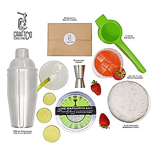 Margarita Cocktail Kit - Set of Rocks Glasses | Stainless Cocktail Shaker & Jigger | Citrus Squeezer | Rokz Lime Infused Margarita Salt | Recipe Cards. The Perfect Margarita Kit Gift Set!