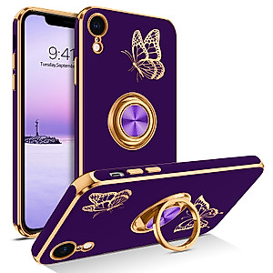 BENTOBEN iPhone XR Case, Phone Case iPhone XR 6.1, Slim Fit Gold Butterfly Design Kickstand Ring Holder Shockproof Protection Soft TPU Bumper Drop Protective Girl Women Boy iPhoneXR Cover, Deep Purple