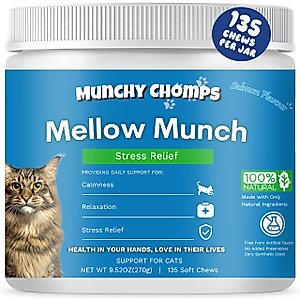 Munchy Chomps Calming Care Support for Cats - Stress Relief & Mellow Calming Chews with Hemp Seed & L-Theanine - Promotes Relaxation & Composure During Stressful Situations (Salmon)