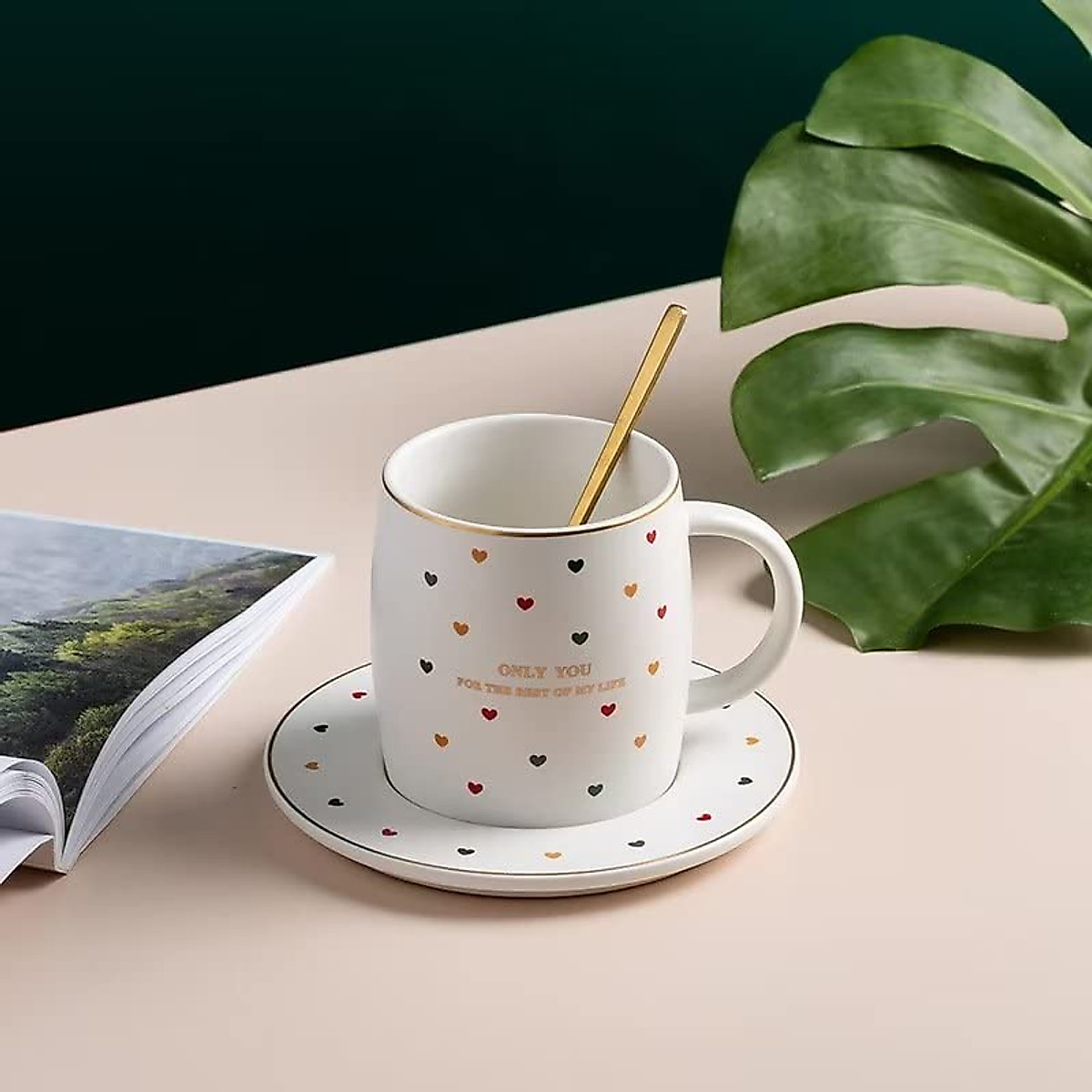 Namyuk 14 Oz Fine China Tea Cup Coffee Cup with Spoon and Saucer Set, Espresso Cups Coffee Mugs Tableware