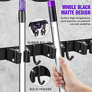 NisuAM Broom and Mop Holder Wall Mount with 5 Slots 4 Hooks, Broom Hanger Self Adhesive, Black Matte Garage Rack & Tool Organizer, Home Storage Shelving for Closet Door,Cabinet,Lanudry