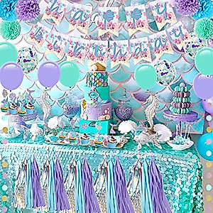 Mermaid Party Supplies,Girls Birthday Party Decorations, Contain a Mermaid Banner, 9 Tissue Pom Poms, 2 Foil Curtains, 12 Cupcake Toppers and Balloons, Great for Girls Birthday Party
