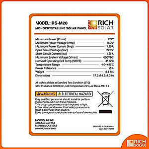 RICH SOLAR 20 Watts 12 Volts Monocrystalline Solar Panel for DC 12V Battery Charging and Any Other Off Grid Applications