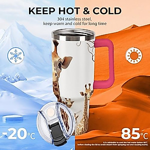 40 Oz Vacuum Tumbler with Light Rose Red Handle Leakproof Insulated Tumbler Cute Cartoon Funny Giraffes Stainless Steel Travel Mug with Lid And Straw Coffee Cup Cute Water Bottles Cup Holder Friendly